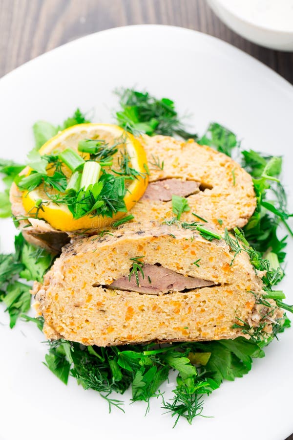 Stuffed fish on plate stock image. Image of trout, supper - 34282447