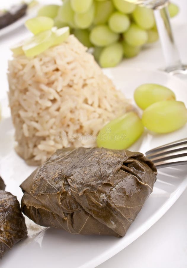 Stuffed Grape Leaves with Rice Stock Photo - Image of cucumber ...