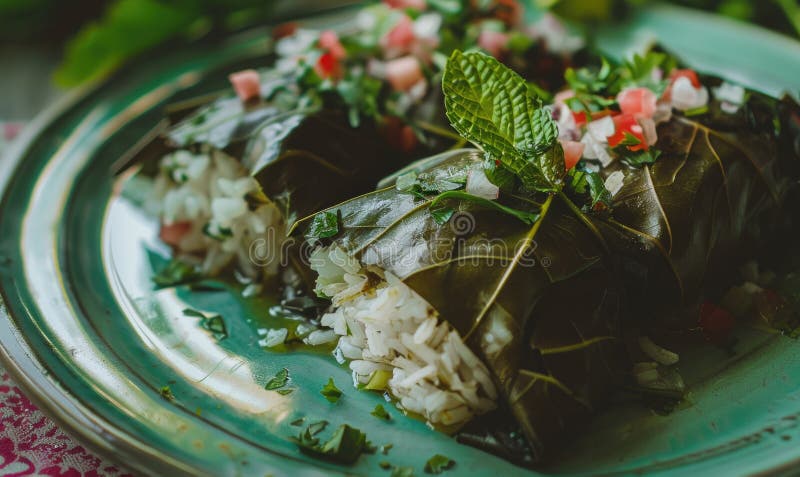 Stuffed Grape Leaves with Rice and Herbs on a Pastel Green Plate Stock ...