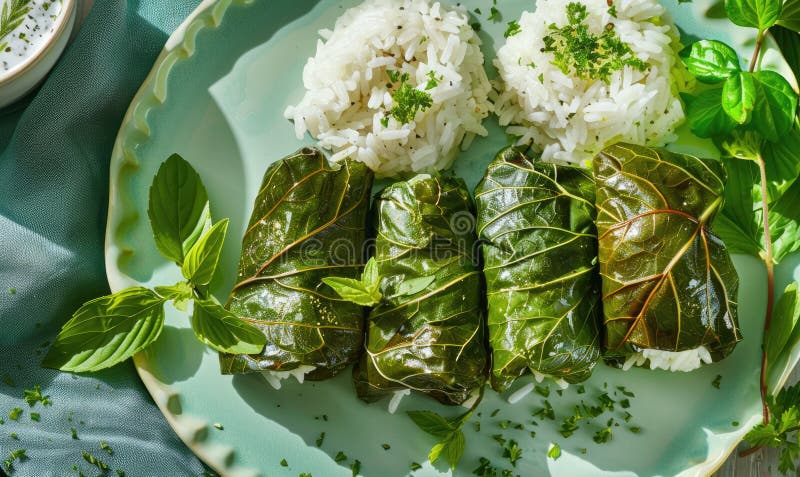 Stuffed Grape Leaves with Rice and Herbs on a Pastel Green Plate Stock ...