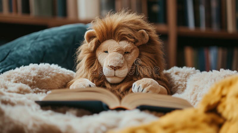 Stuffed Lion Reading a Book in Cozy Plush Library Stock Image - Image ...