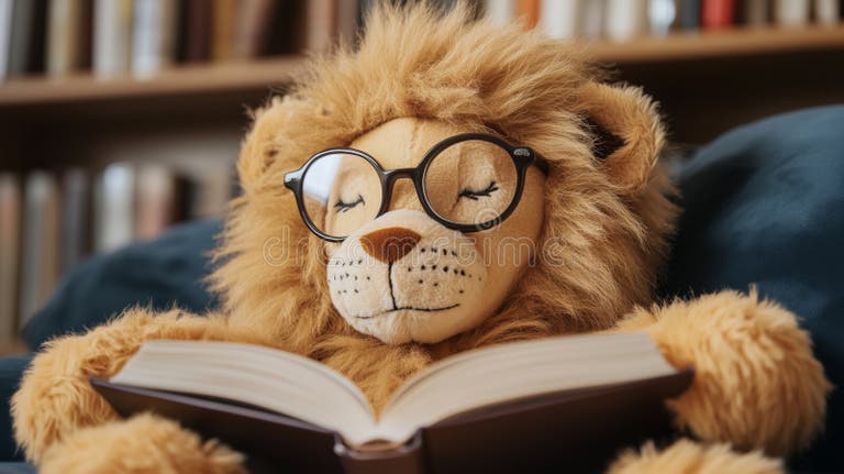 Stuffed Lion Reading a Book in Cozy Plush Library Stock Photo - Image ...