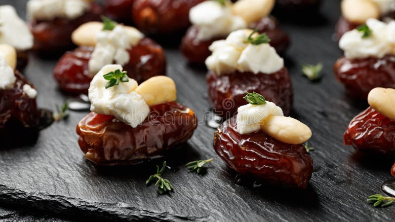 Stuffed Medjool Dates with Goat Cheese, Almonds and Honey Stock Image ...