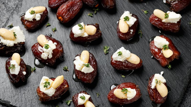 Stuffed Medjool Dates with Goat Cheese, Almonds and Honey Stock Photo ...