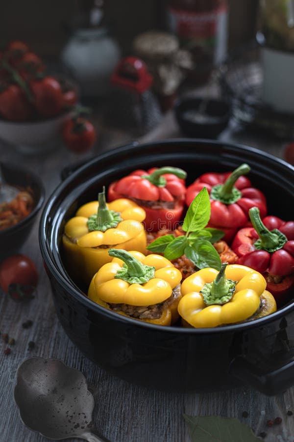 Stuffed Peppers with Minced Meat. Cooking Process Stock Image - Image ...