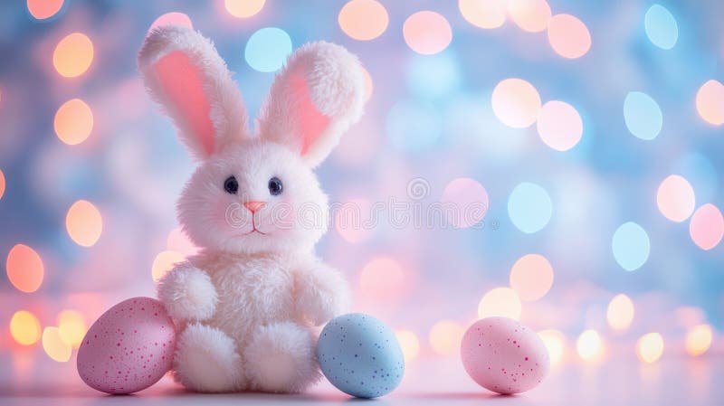 Stuffed Plush Bunny Toy among Pastel Easter Eggs, Dreamy Blue Glowing ...