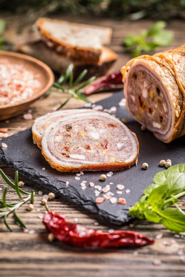 Stuffed pork roulade stock image. Image of food, rustic - 63723059