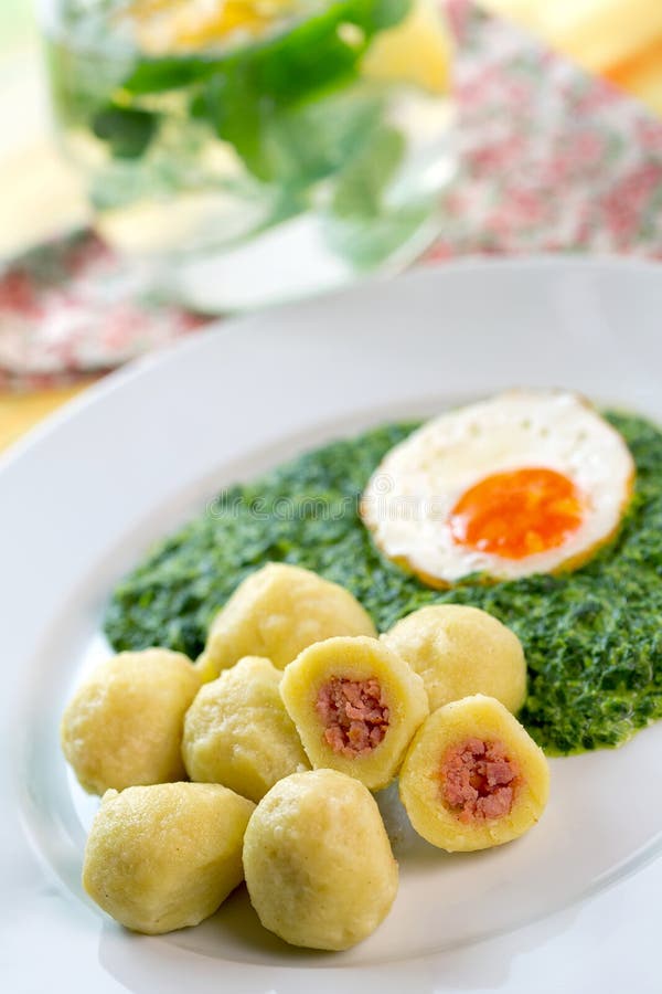 Stuffed Potato Dumplings with Smoked Meat Stock Image - Image of leaf ...