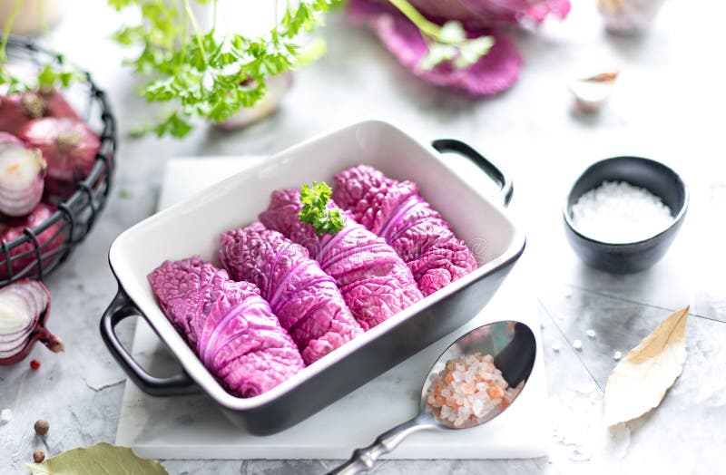 Stuffed Red Beijing Cabbage. the Process of Cooking Purple Cabbage with ...