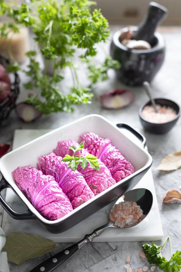 Stuffed Red Beijing Cabbage. the Process of Cooking Purple Cabbage with ...