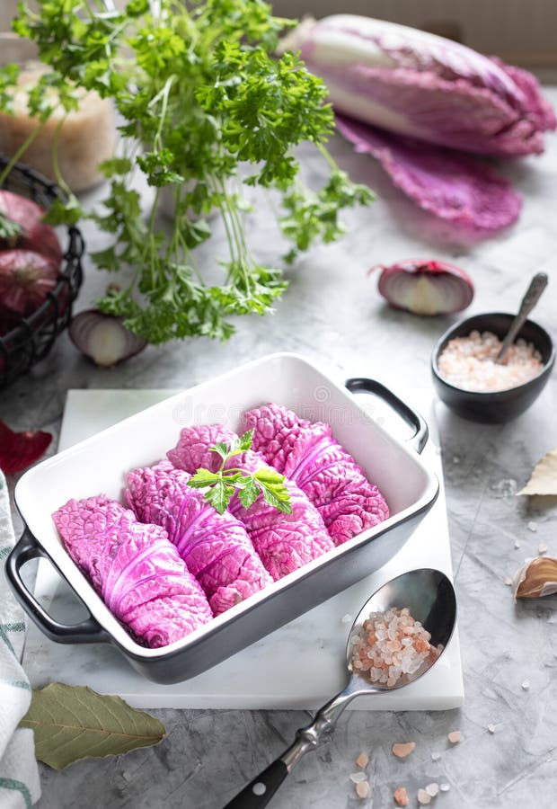 Stuffed Red Beijing Cabbage. the Process of Cooking Purple Cabbage with ...