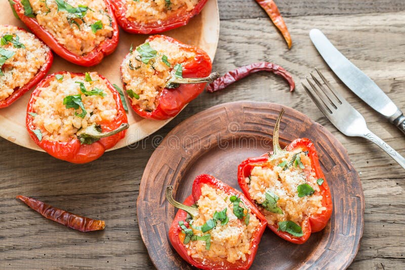 Stuffed Red Bell Peppers with White Rice and Cheese Stock Photo - Image ...