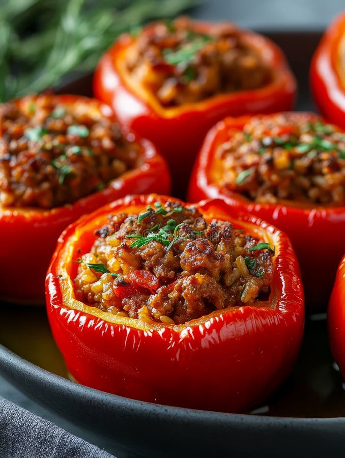 Stuffed Red Peppers Filled with Beef and Rice Stock Photo - Image of ...