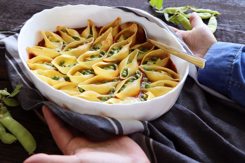 Stuffed Shells with Peas and Cheese in Tomato Sauce Stock Image - Image ...