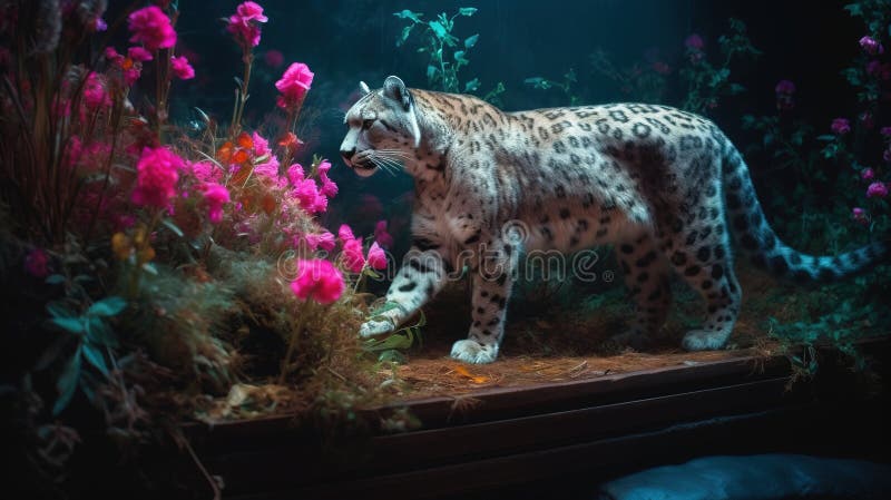 A Stuffed Snow Leopard in a Display of Flowers and Plants Stock ...