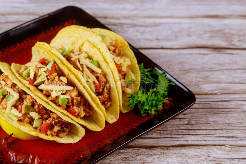 Stuffed Taco Shells, Salsa and Guacamole, Mexican Dish Tacos Stock ...