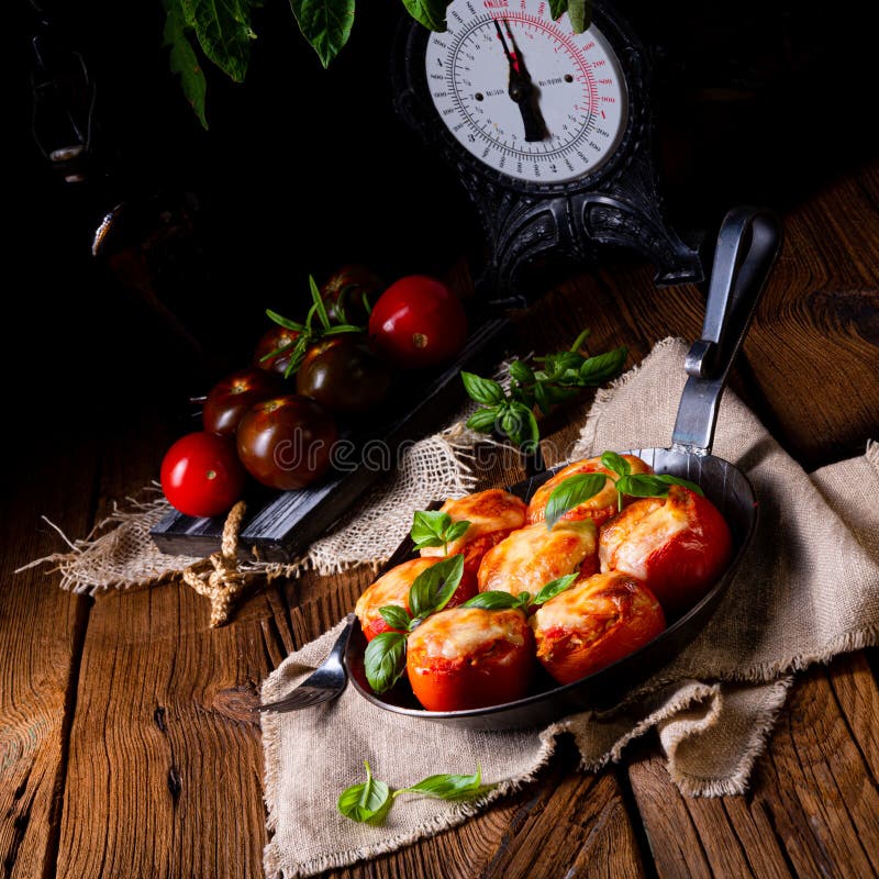 A Stuffed Tomatoes with Minced Meat and Cheese Stock Photo - Image of ...
