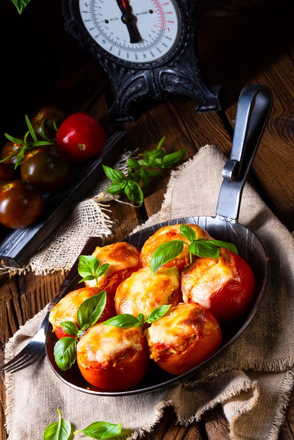 A Stuffed Tomatoes with Minced Meat and Cheese Stock Photo - Image of ...