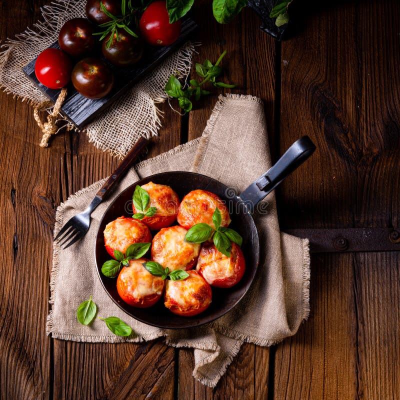 A Stuffed Tomatoes with Minced Meat and Cheese Stock Image - Image of ...