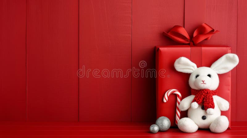 Stuffed Toy White Rabbit Next a Red Gift Box with a Bow on Red Backdrop ...