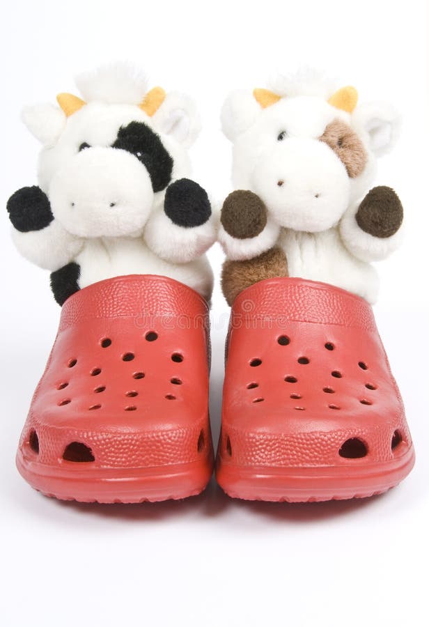 Stuffed Toys Wearing Red Plastic Clogs Stock Photo - Image of shoes ...