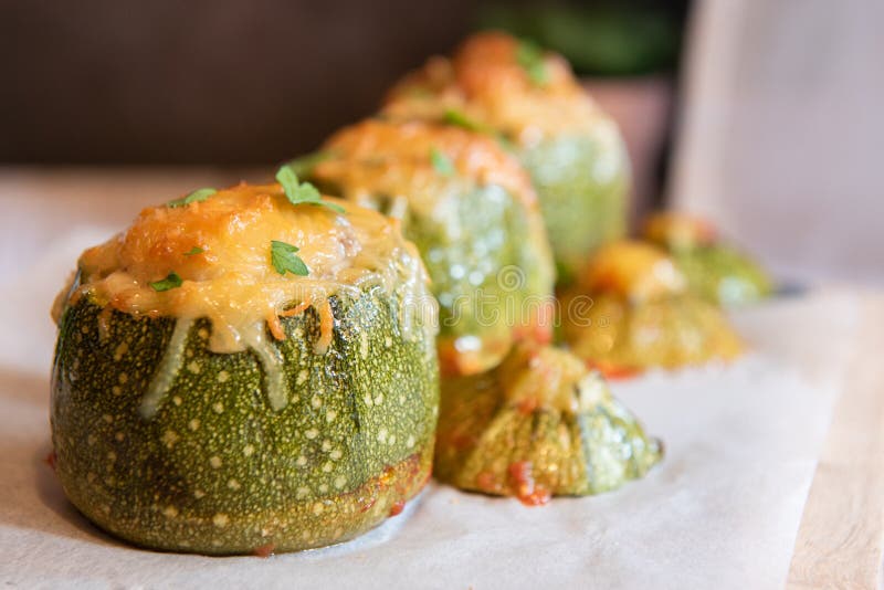 Stuffed Zucchini. Round Zucchini Stuffed with Meat and Vegetables Stock ...