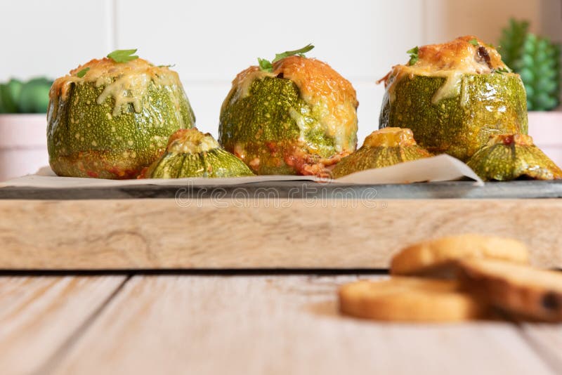 Stuffed Zucchini. Round Zucchini Stuffed with Meat and Vegetables Stock ...