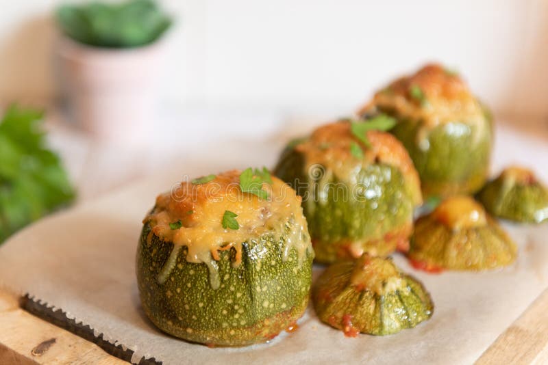 Stuffed Zucchini. Round Zucchini Stuffed with Meat and Vegetables Stock ...