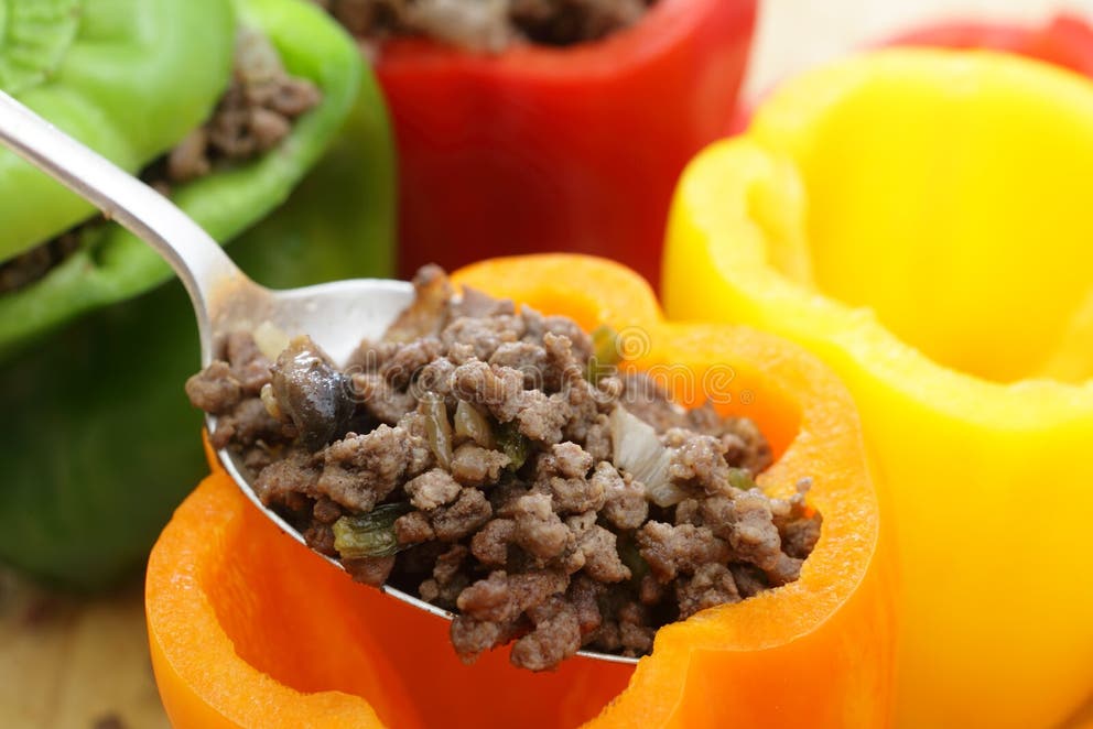 Stuffing Colourful Peppers Horizontal Stock Image - Image of meat, beef ...