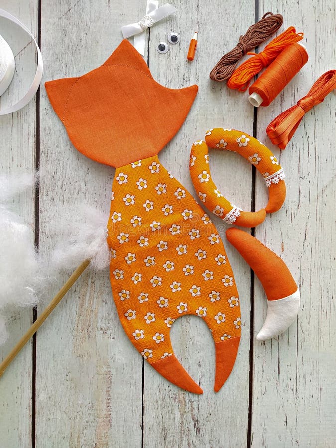 Stuffing Soft Toy Red Textile Fox by Handmade, Top View and Sewing ...