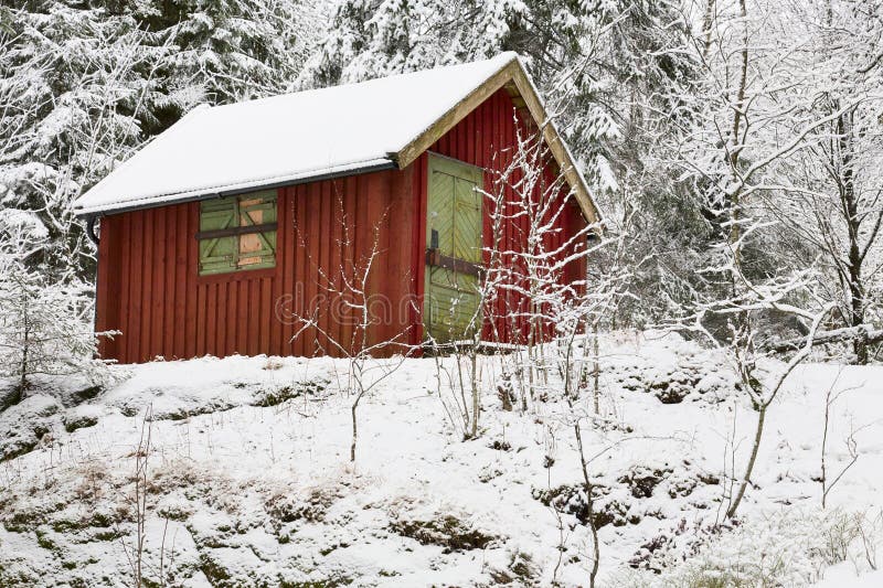 Rött hus i vinterskogen fotografering för bildbyråer. Bild av ...