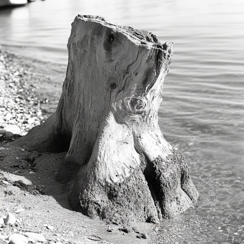 Stump on the Seashore. Black and White Photo Stock Illustration ...