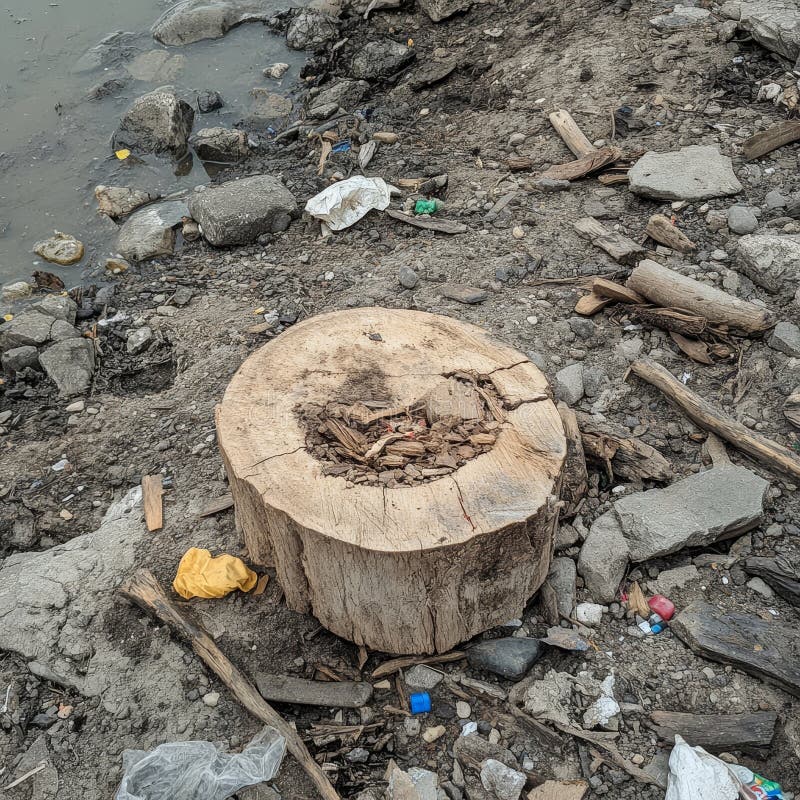 Stump of a Tree in the Trash. Pollution of the Environment Stock ...