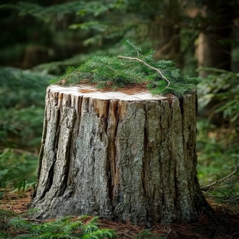 Stump in the Woods with a Green Spruce Tree on it Stock Illustration ...