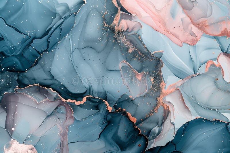 Stunning Abstract Blue Art with Grey and Pink Copper Marble Background ...