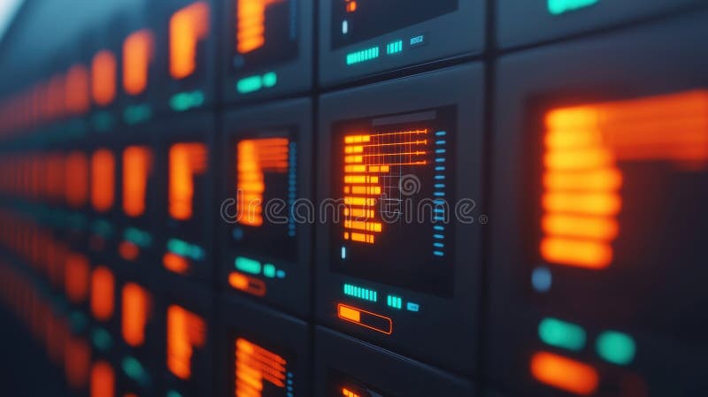 Abstract Digital Background with Neon Glowing Data Panels Displaying ...