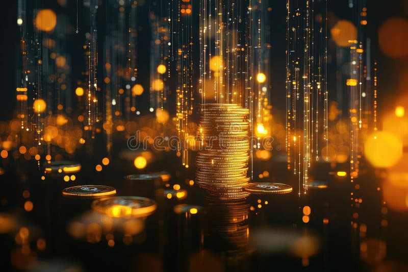 Abstract Depiction of Shimmering Gold Coins Surrounded by Glowing Light ...