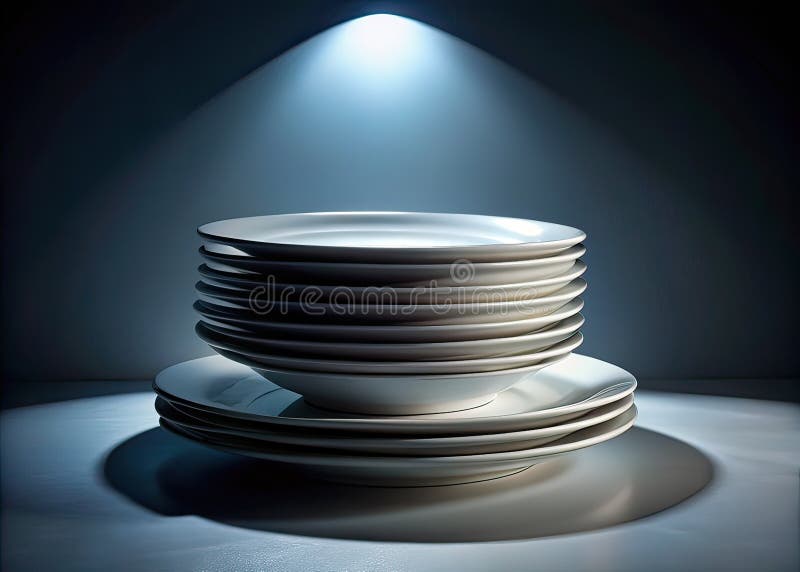 A Stunning Abstract Still Life a Stack of White Plates Under Dramatic ...