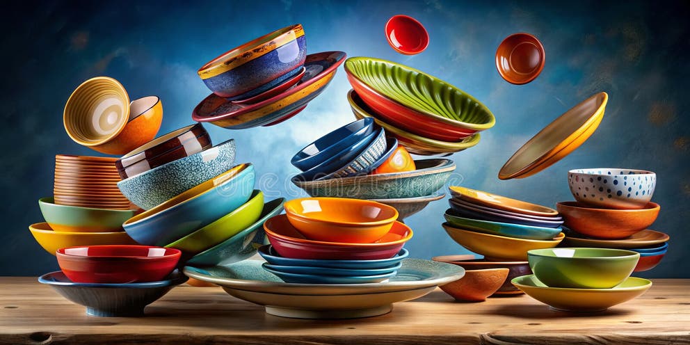 Stunning Action Shot a Dynamic Stack of Ceramic Dishes Collapses in a ...