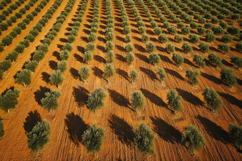 Aerial View of a Vast Olive Tree Plantation. Rows of Green Trees ...
