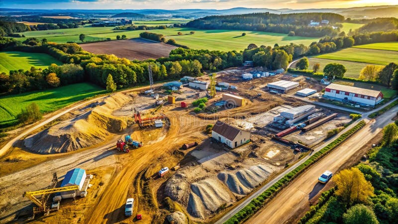 Stunning Aerial Perspective of a Rural Construction Site Heavy ...