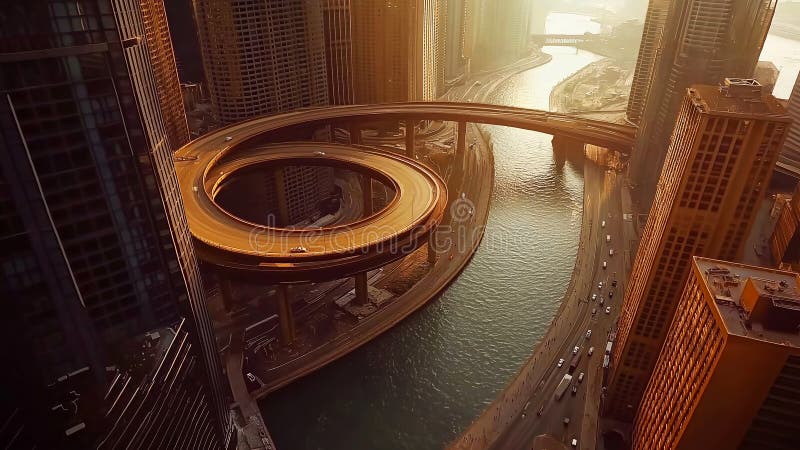 Stunning Aerial Perspective of a Twisting Highway Above a River at Dusk ...