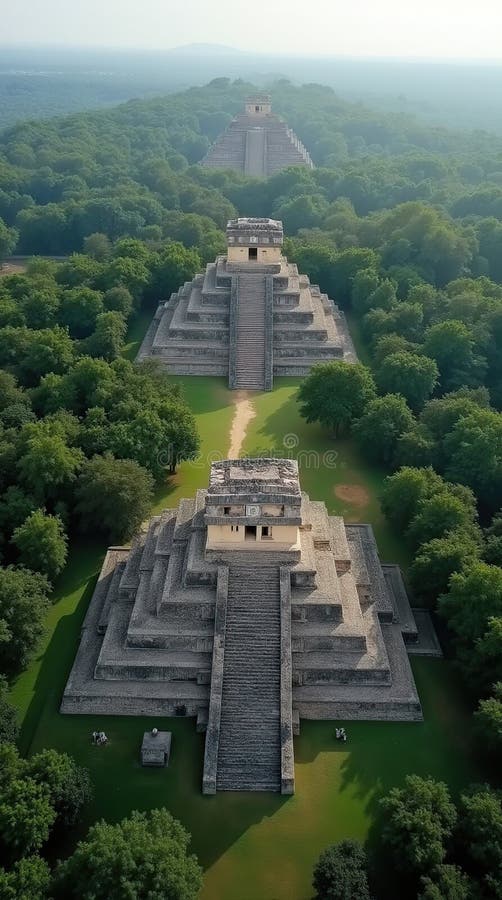 Aerial View of Iconic Mayan Pyramids Surrounded by Lush Forest Stock ...