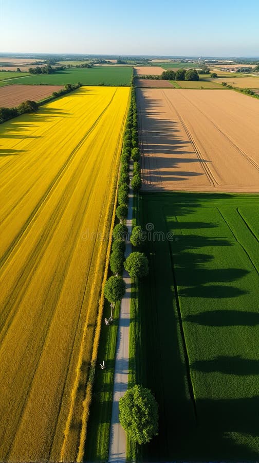 Geometric Farmland: Aerial View of Cultivated Fields with Linear Road ...
