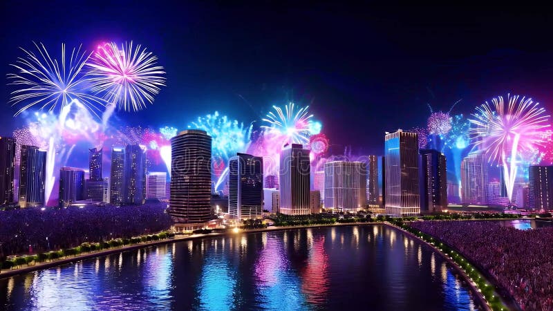 Stunning Aerial View of City Skyline at Midnight with Explosive ...