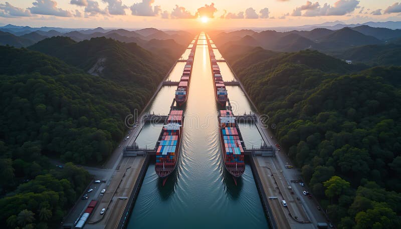 Sunset over Canal Locks stock image. Image of artificial - 374345667