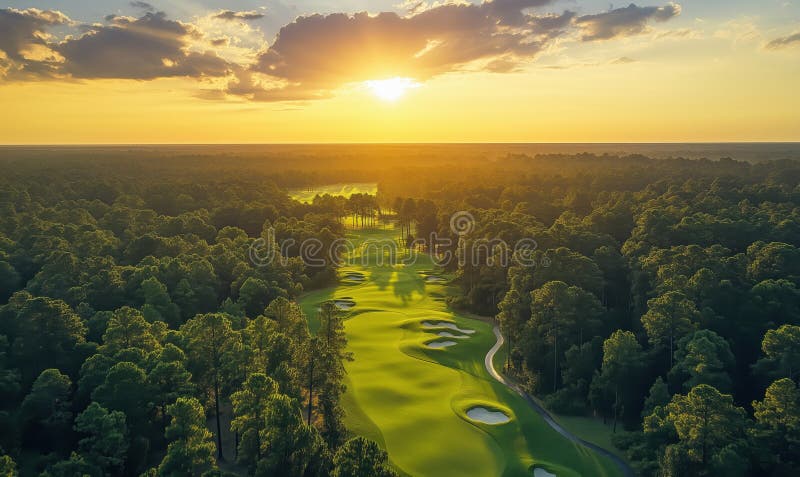 Stunning Aerial View Golf Course Sunset Surrounded Lush Trees Stock ...