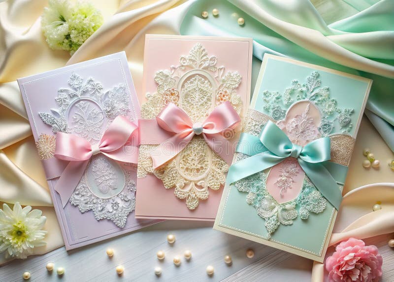 Stunning Aerial View of Three Elegant Wedding Invitations Delicate Lace ...