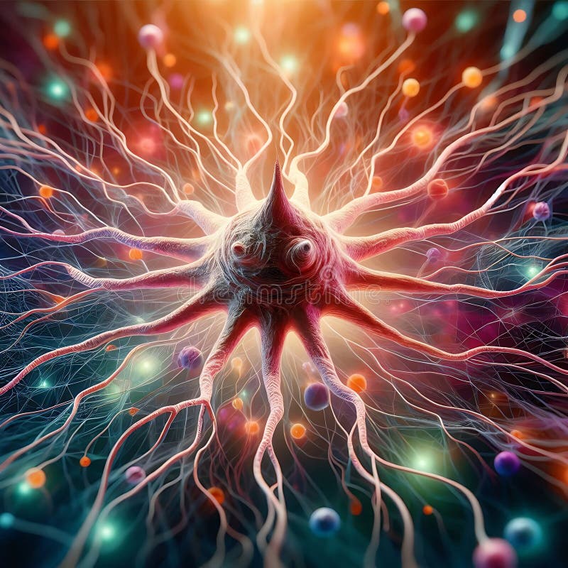 AI-Generated Illustration of a High-Tech Neuron Structure with Glowing ...