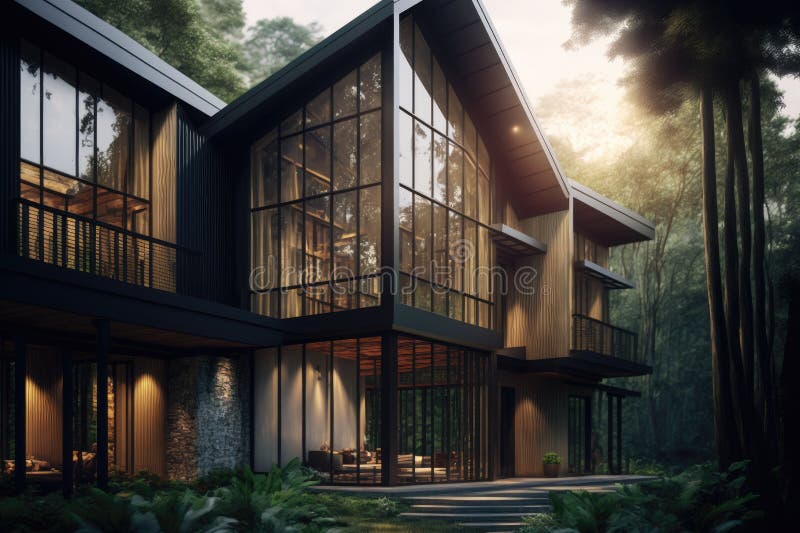 Modern House with Panoramic Windows in the Jungle, AI Generative Stock ...
